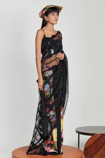 Buy Shivan & Narresh Black Italian Jersey Silk Organza Pre-draped Saree ...