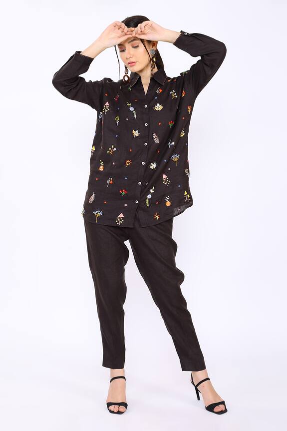 Buy Linen Bloom Brown Linen Embroidered Shirt Online | Aza Fashions