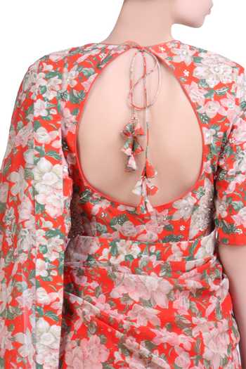Buy Nikasha Orange Georgette Printed Saree With Blouse Online | Aza ...