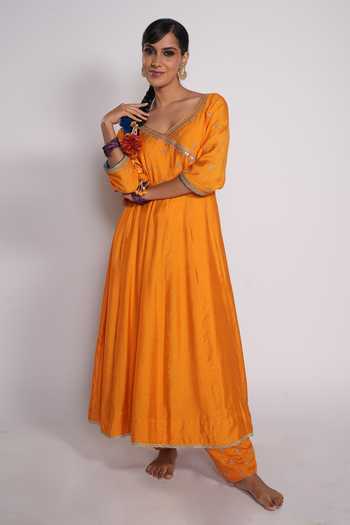 Buy Pants and Pajamas Orange Chanderi Anarkali Online | Aza Fashions