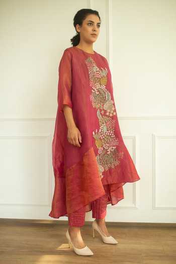 Buy Oja Pink Handloom Silk Applique Embroidered Tunic And Pant Set ...