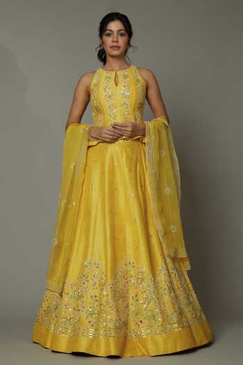 Buy I am Design Yellow Raw Silk Mango Bite Hand Embroidered Lehenga Set ...