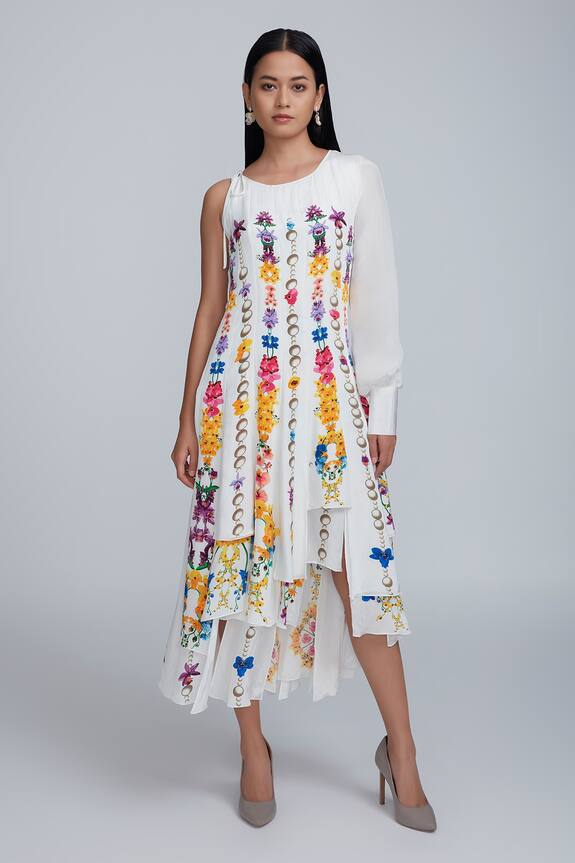 Buy World of Ra White Viscose Floral Print Panelled Dress Online | Aza ...