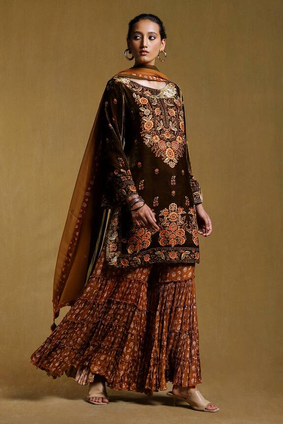 Buy Ritu Kumar Green Silk Velvet Printed Kurta Sharara Set Online | Aza ...