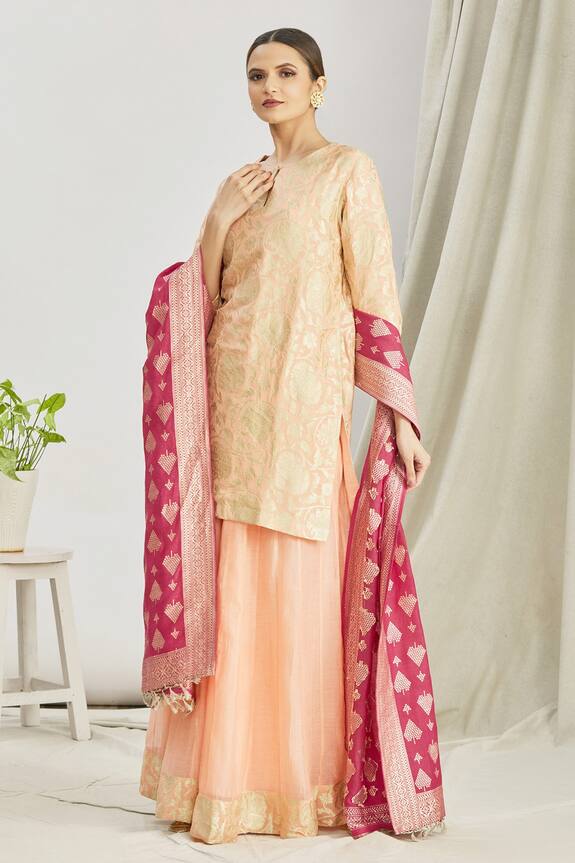 Buy Pinki Sinha Peach Mulberry Silk Floral Woven Kurta Palazzo Set ...