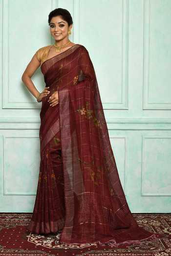 Buy Pinki Sinha Maroon Linen Checkered Saree Online | Aza Fashions
