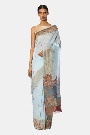 Buy Satya Paul Blue Linen Floral Print Saree Online | Aza Fashions