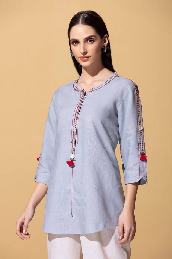 Buy AMPM Blue Linen Top Online | Aza Fashions