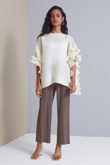 Buy Scarlet Sage Cream Polyester Faye Pleated Ruffle Sleeve Top Online ...