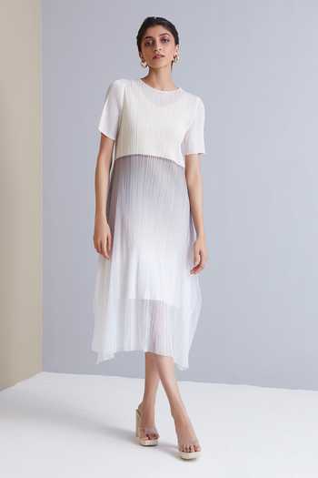 Buy Scarlet Sage Ivory Polyester Leanna Colorblock Pleated Dress Online ...