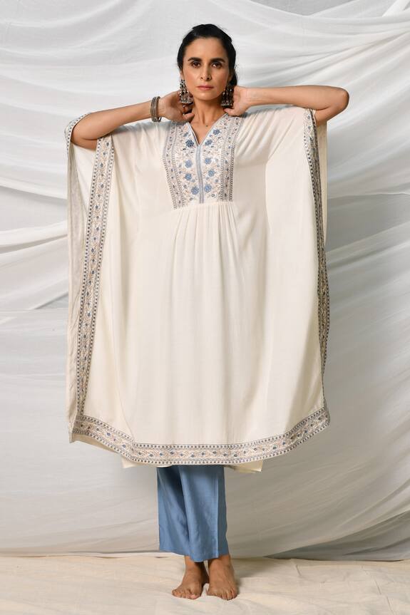 Buy Seher Jaipur Ivory Muslin Silk Israh Embroidered Kaftan And Pant ...