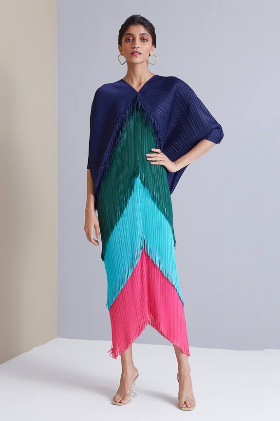 Buy Scarlet Sage Multi Color Polyester Colorblock Fringe Kimono Dress ...
