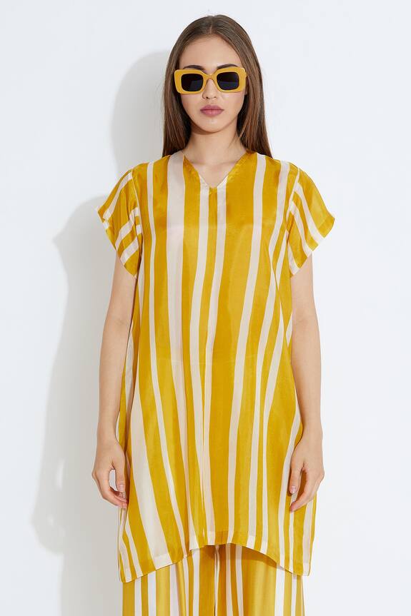 Buy Aartivijay Gupta Yellow Silk Striped Tunic Online | Aza Fashions