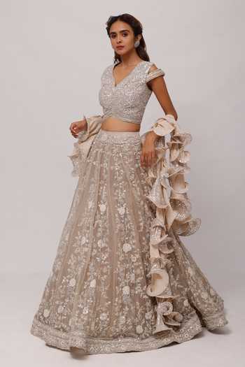 Buy Onaya Off White Net Embroidered Lehenga Set With Ruffle Dupatta ...