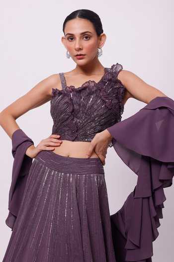 Buy Onaya Purple Georgette Embroidered Lehenga Set With Ruffle Dupatta ...