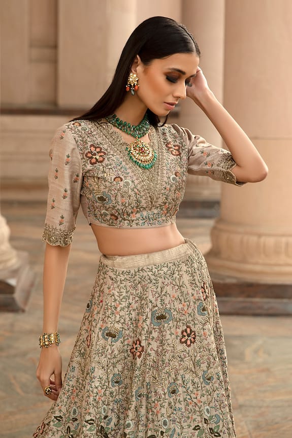 Buy Jayanti Reddy Beige Silk Embroidered Lehenga Set Online | Aza Fashions
