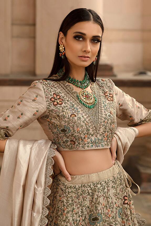 Buy Jayanti Reddy Beige Silk Embroidered Lehenga Set Online | Aza Fashions