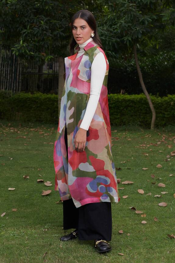 Buy Ode To Odd Multi Color Silk Organza Notched Collar Trench Coat ...
