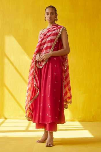 Buy Aapro Red Modal Satin Mira Strappy Anarkali Pant Set Online | Aza ...
