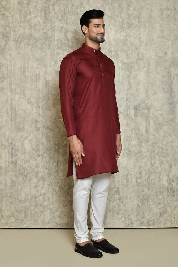 Buy Naintara Bajaj Maroon Cotton Blend Solid Kurta Set Online | Aza ...