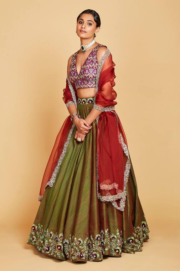 Buy Amrin khan Purple Raw Silk Zardozi Flower Embellished Lehenga Set ...