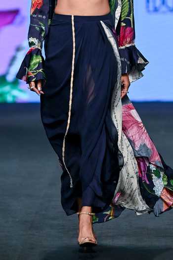 Buy Mahima Mahajan Blue Satin Organza Printed Shrug And Draped Skirt ...