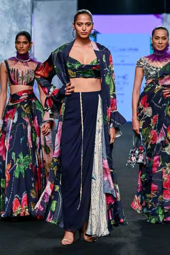 Buy Mahima Mahajan Blue Satin Organza Printed Shrug And Draped Skirt ...