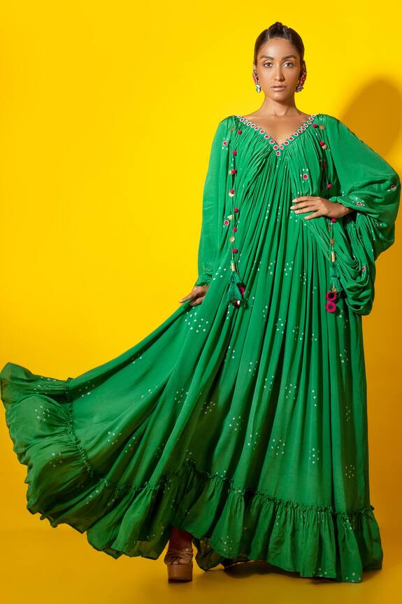 Buy Urban Pataka Green Taffeta Khus Hand Dyed Bandhani Gown Online ...