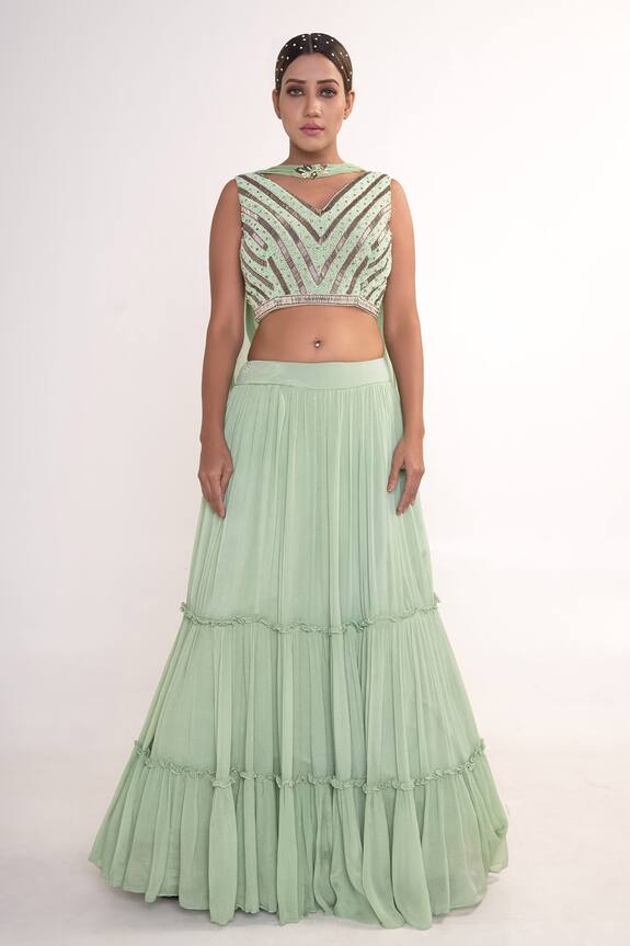 Buy Merge Design Green Crepe Tiered Lehenga Set Online | Aza Fashions