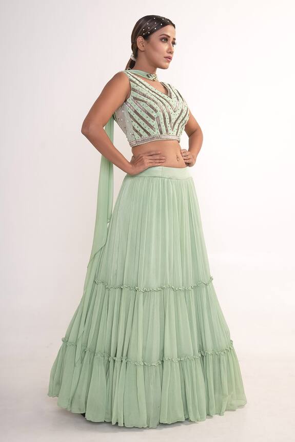 Buy Merge Design Green Crepe Tiered Lehenga Set Online | Aza Fashions