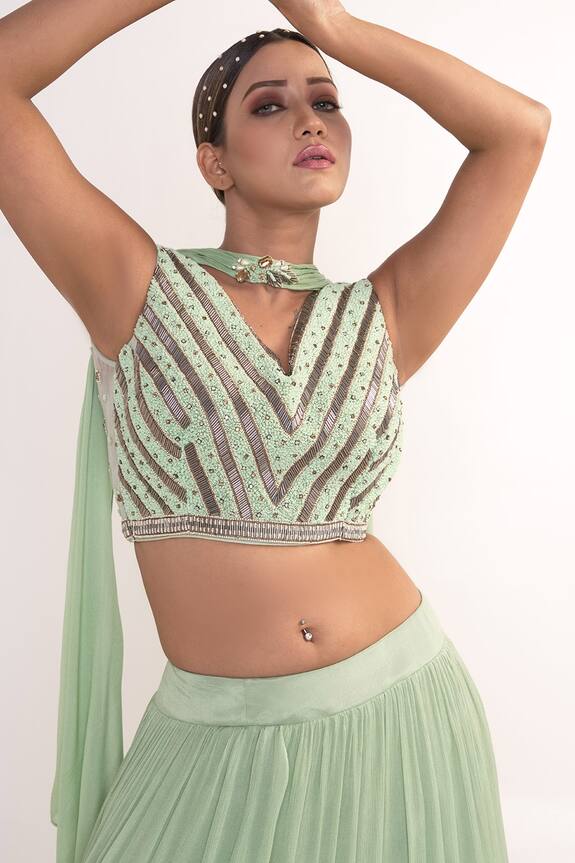 Buy Merge Design Green Crepe Tiered Lehenga Set Online | Aza Fashions