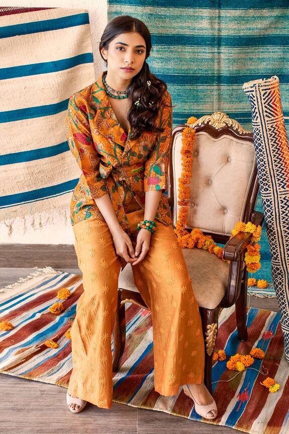 Buy Shachi Sood Yellow Dupion Silk Kalamkari Print Jacket Palazzo Set ...
