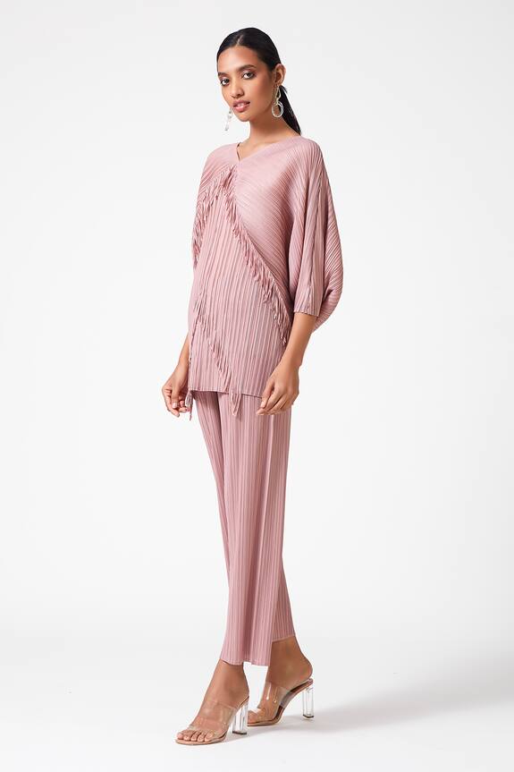 Buy Scarlet Sage Pink Polyester Kimono Pleated Top And Pant Set Online ...