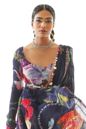 Buy Mahima Mahajan Blue Georgette Typographic Print Anarkali With ...