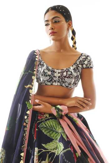 Buy Mahima Mahajan Blue Organza Satin Fruit Print Lehenga Set Online ...