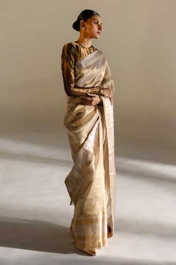 Buy Mimamsaa Ivory Coco Tissue Silk Saree Online | Aza Fashions