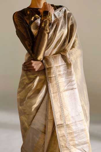 Buy Mimamsaa Ivory Coco Tissue Silk Saree Online | Aza Fashions