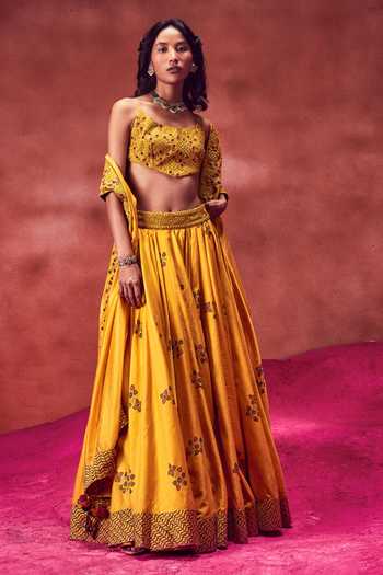 Buy Punit Balana Yellow Chanderi Silk Hand Block Print Lehenga Set ...