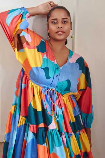 Buy Sorbae Clothing Multi Color Cotton Satin Svea Camo Print Tiered ...