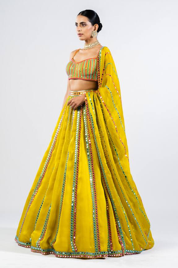 Buy Vvani by Vani Vats Green Satin Organza Mirror Embroidered Stripe ...