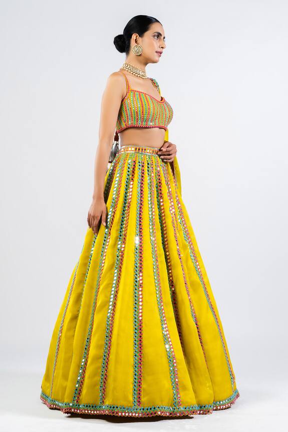 Buy Vvani by Vani Vats Green Satin Organza Mirror Embroidered Stripe ...