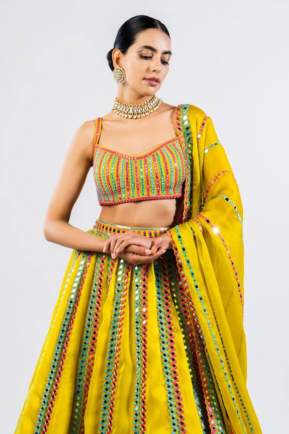 Buy Vvani by Vani Vats Green Satin Organza Mirror Embroidered Stripe ...