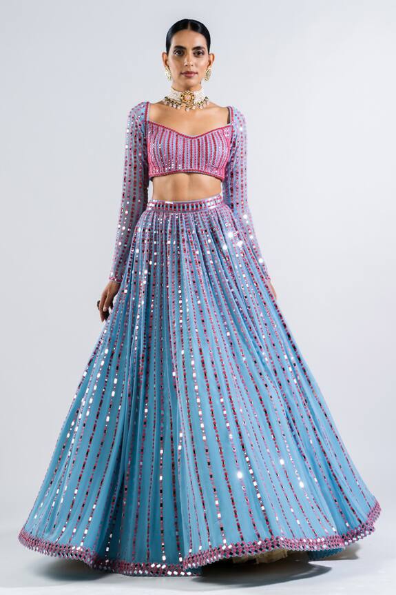 Buy Vvani by Vani Vats Blue Satin Organza Mirror Work Stripe Pattern ...