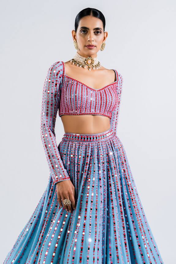 Buy Vvani by Vani Vats Blue Satin Organza Mirror Work Stripe Pattern ...