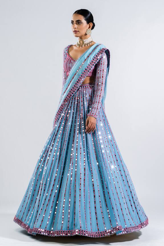 Buy Vvani by Vani Vats Blue Satin Organza Mirror Work Stripe Pattern ...