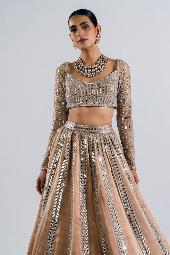 Buy Vvani by Vani Vats Beige Georgette Linear Pattern Mirror Work ...