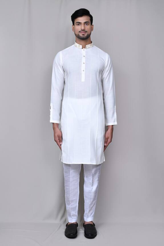 Buy Samyukta Singhania White Cotton Linen Panelled Kurta Set Online ...