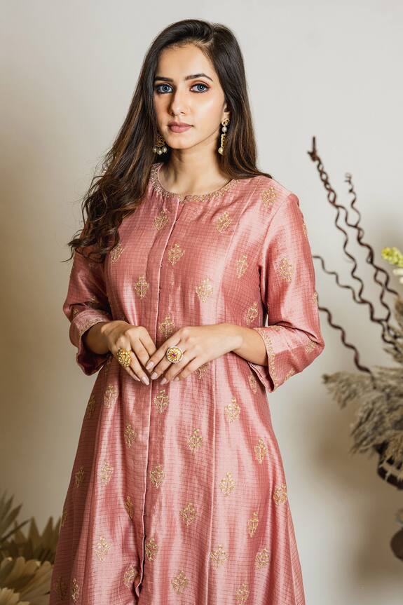 Buy Maliha by Anar and Anoli Pink Chanderi Silk Flared Kurta And Pant ...