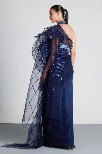 Buy Amit Aggarwal Blue Striped Fabric Embroidered Ruffle Saree With ...