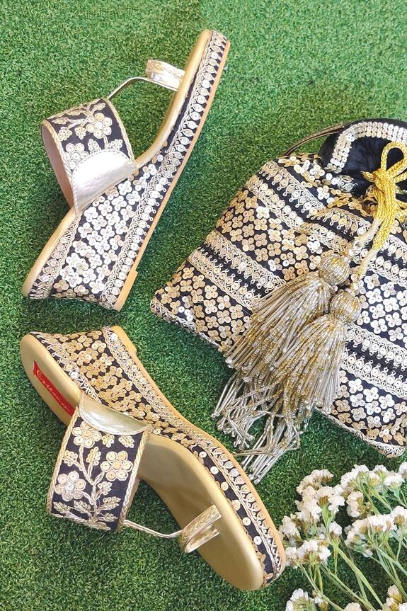 Buy Essem Black Faux Silk Floral Embroidered Wedges Online | Aza Fashions